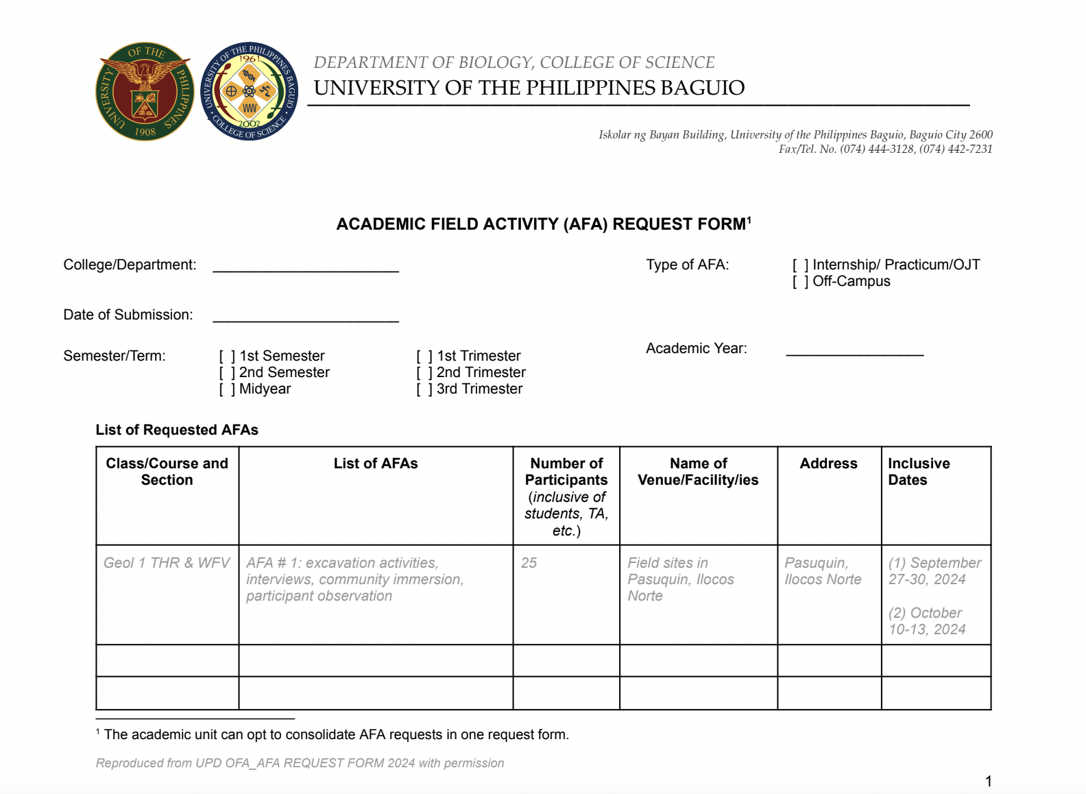 UP Baguio Department of Biology Adopts UP Diliman AFA Forms – OFFICE OF ...